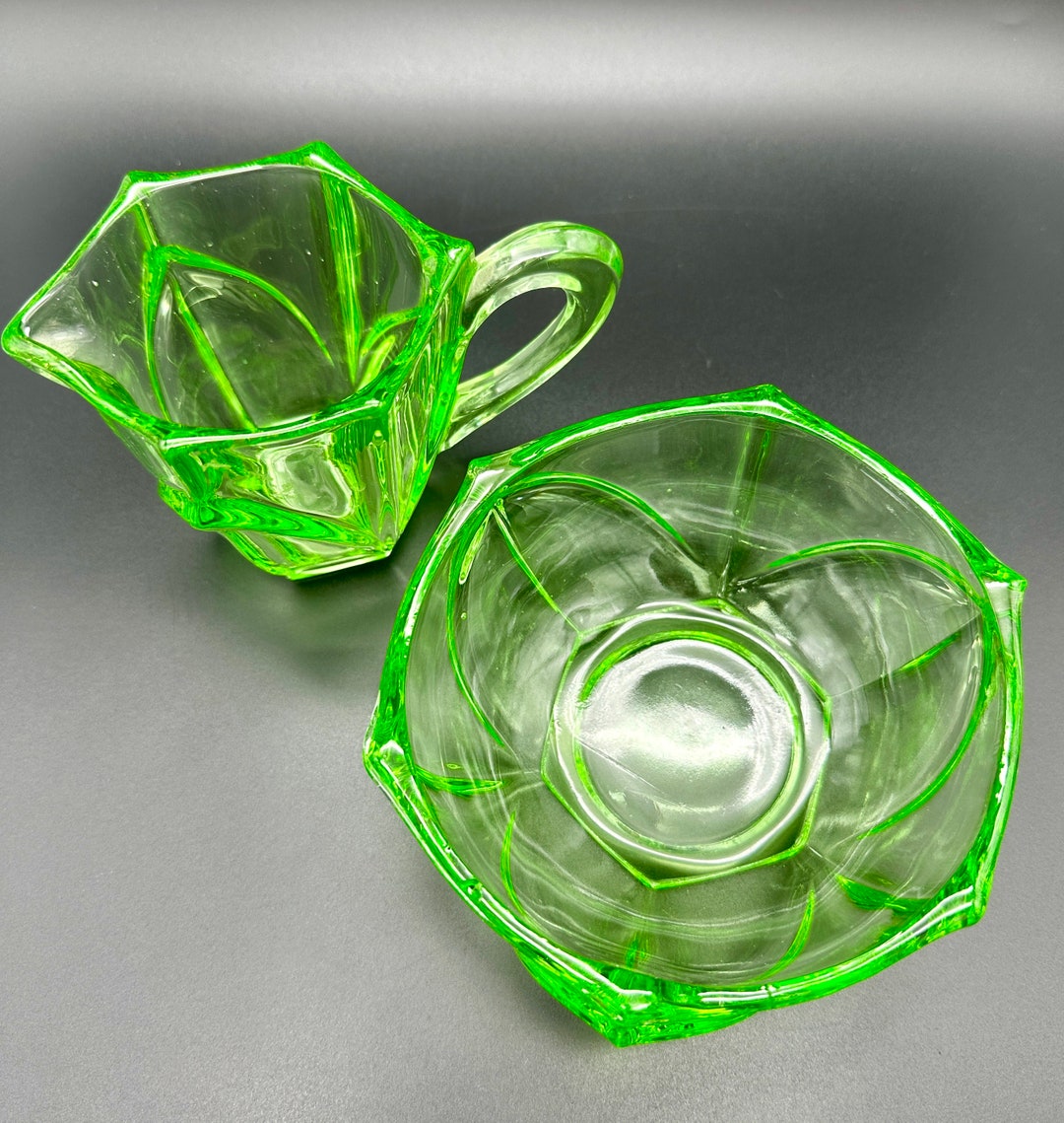 Antique Green Depression Uranium Glass Bowl & Matching Pitcher - Etsy
