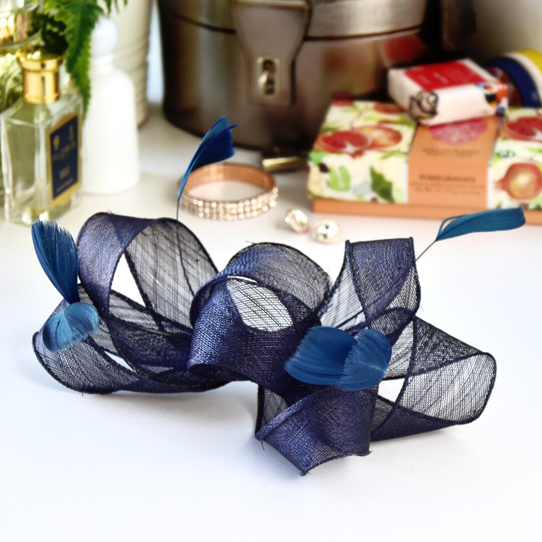 Navy Blue Sinamay and Feather Loops Design Fascinator Set on 8 Cm Clear ...