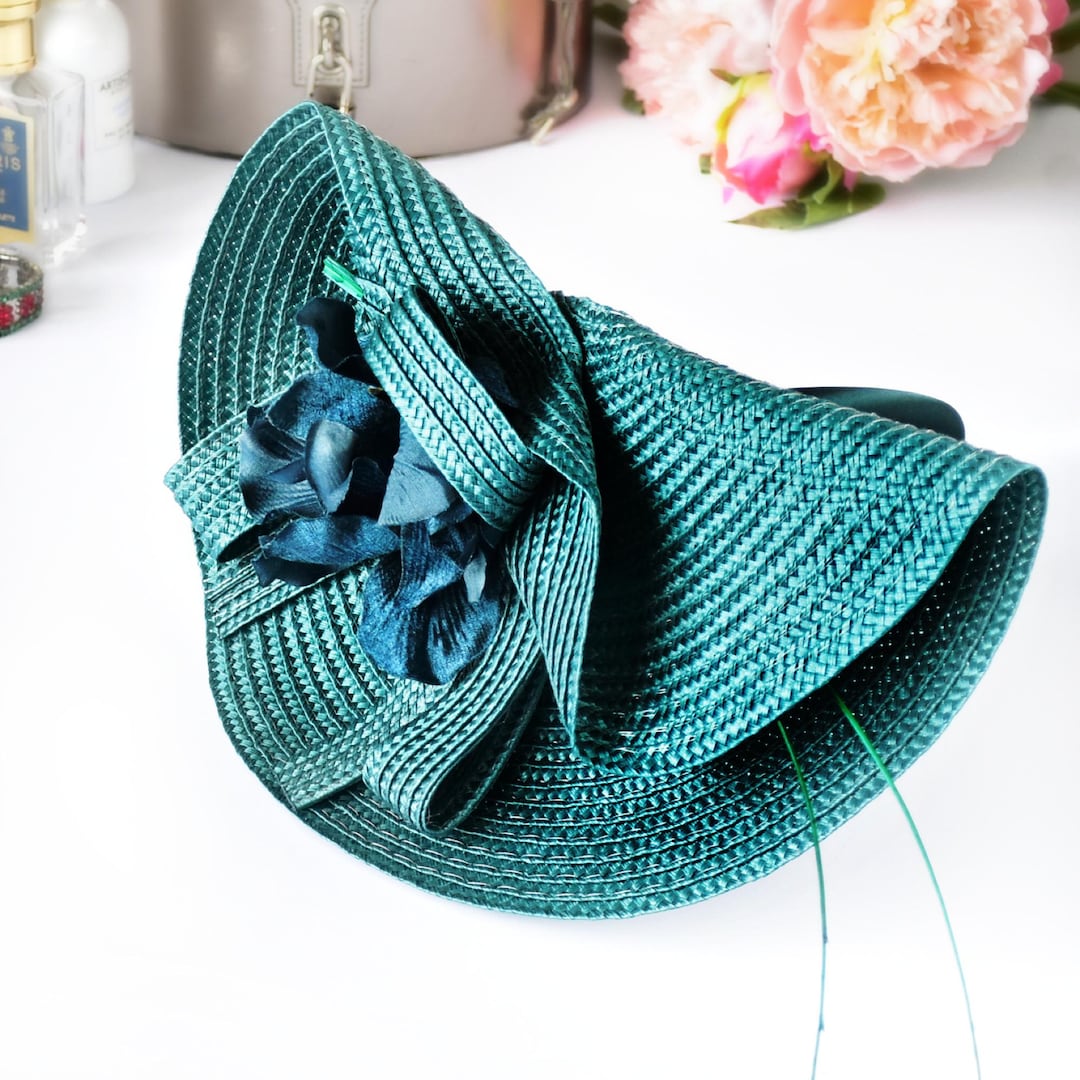 Teal Woven Fabric Fascinator With Loops, Fabric Flowers and Quills With ...