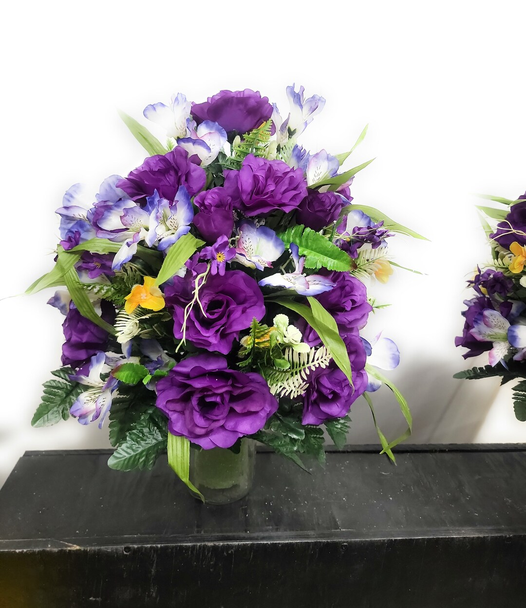 Cemetery Flowers Vase Memorial Vase Flowers Purple Roses Yellow ...