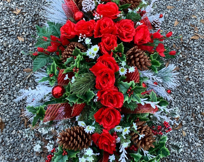Large Customizable Christmas Grave Blanket, Christmas Cemetery Flowers ...