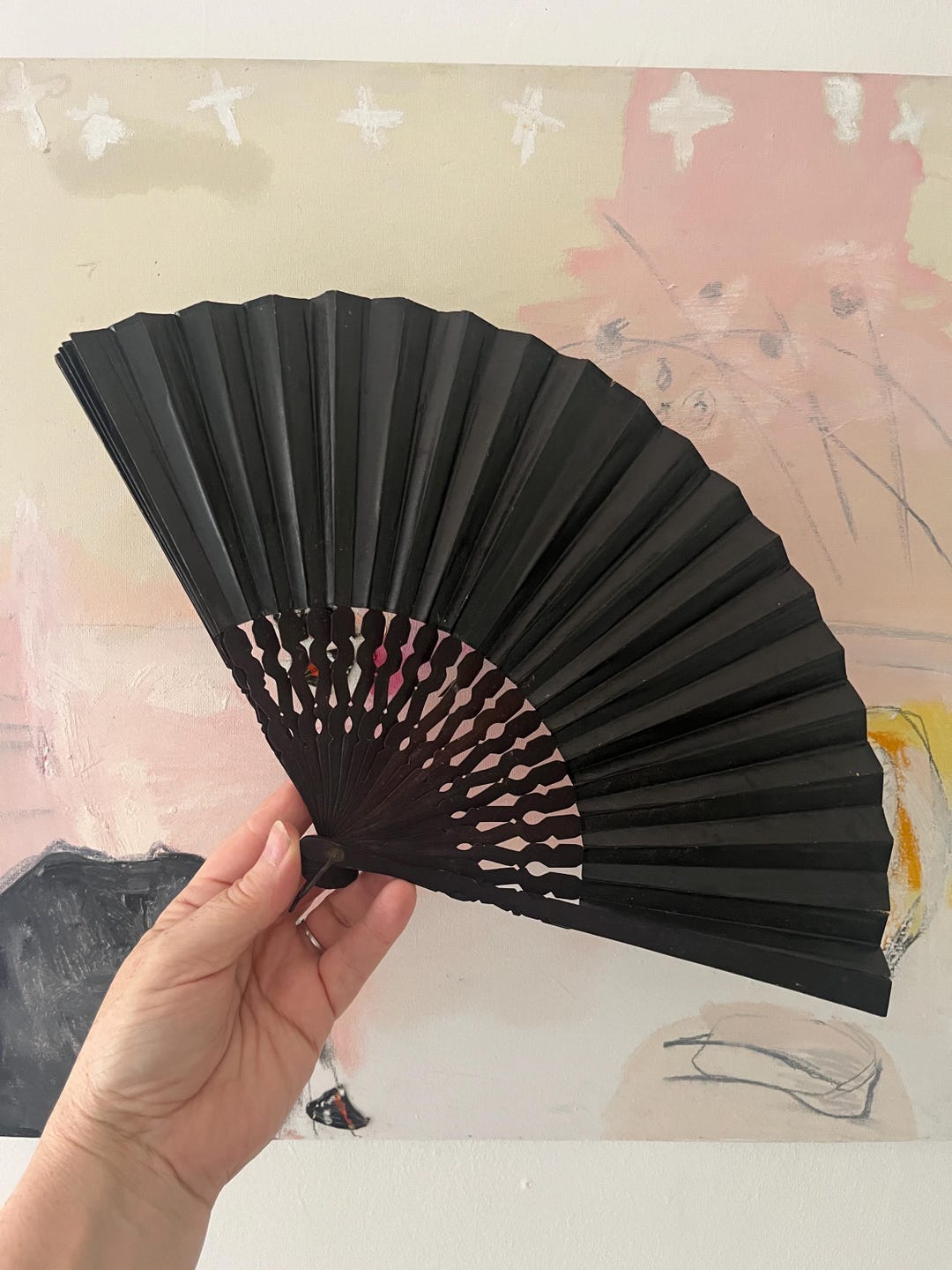 Antique Japanese Black Paper Folding Hand Fan - Etsy