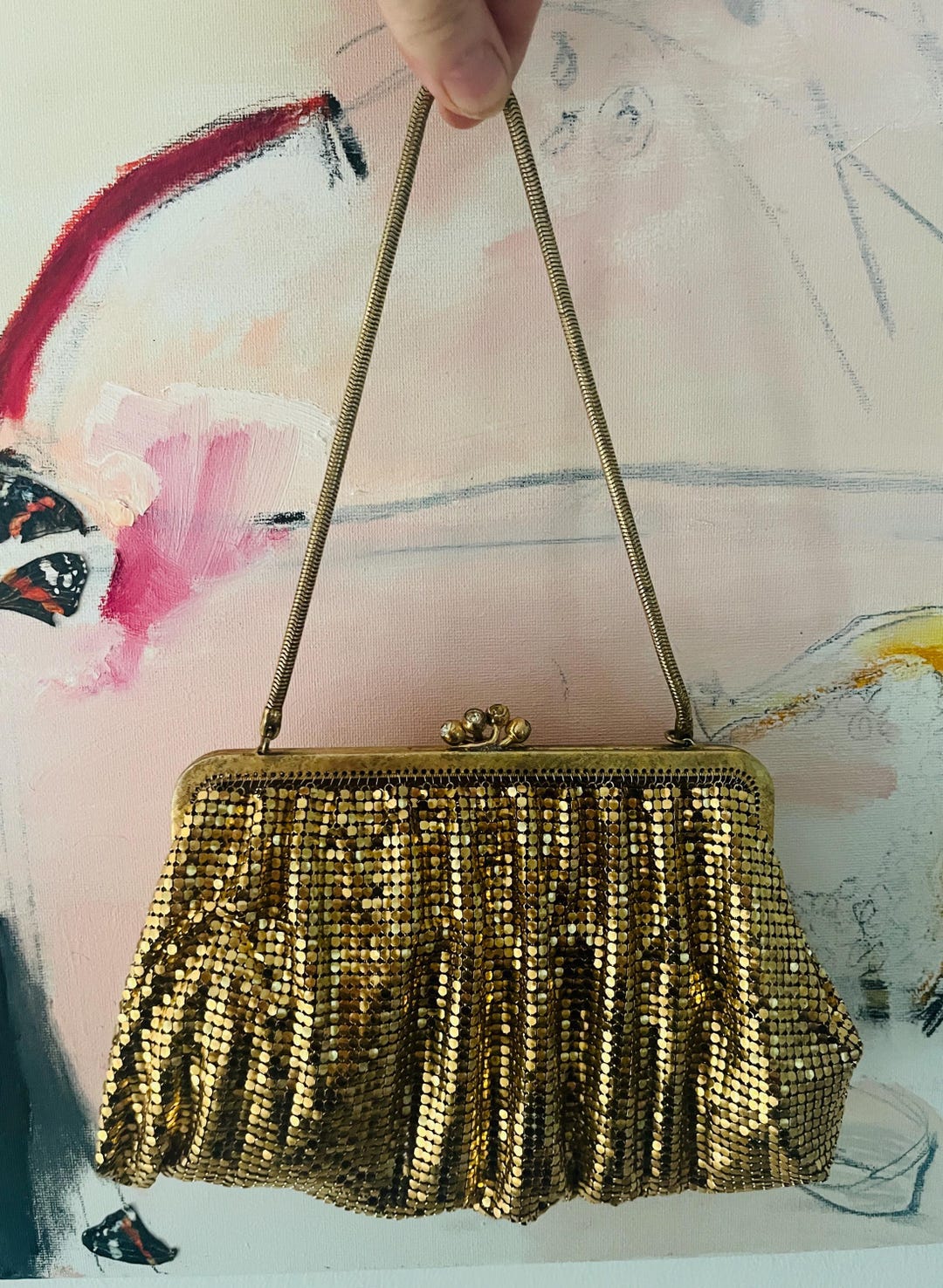 Vintage 1950s Sparkly Gold Slinky Evening Bag With Diamante Kiss Clasp ...