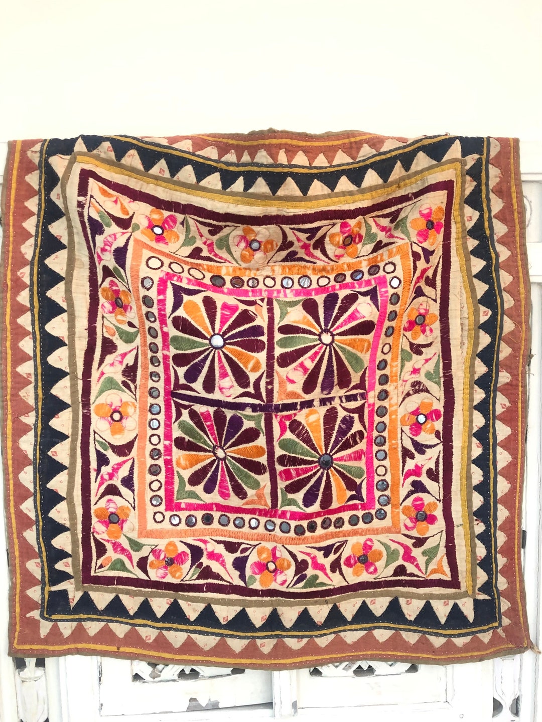 Distressed Vintage Indian Hand-embroidered Mirror-work Square Cotton ...