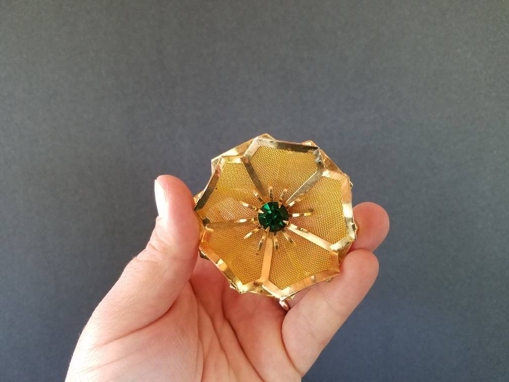 Gold Mesh Flower Brooch with Green Rhinestone | Etsy
