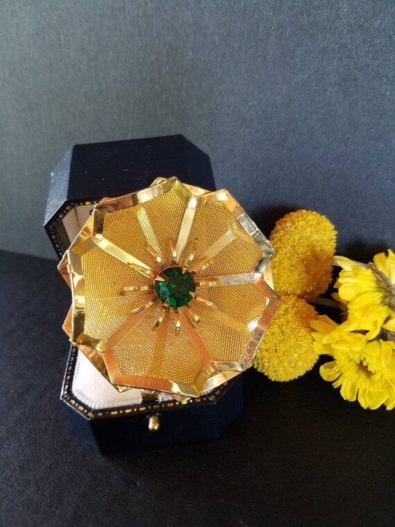 Gold Mesh Flower Brooch With Green Rhinestone - Etsy