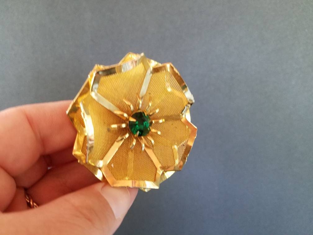 Gold Mesh Flower Brooch with Green Rhinestone | Etsy