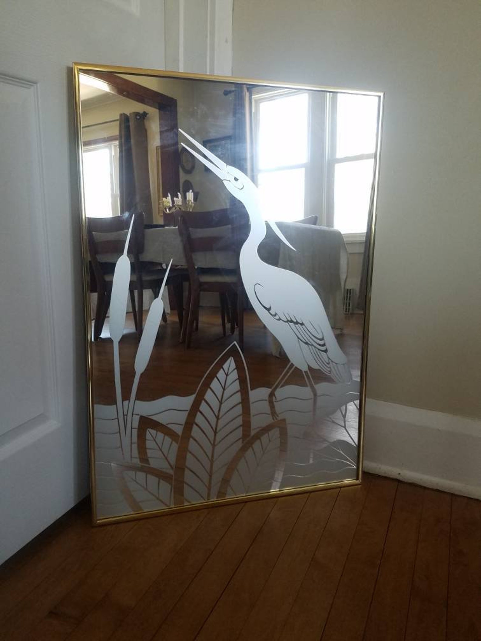 Large Gloria Ericksen Etched Crane Mirror Vintage Wall Mirror | Etsy