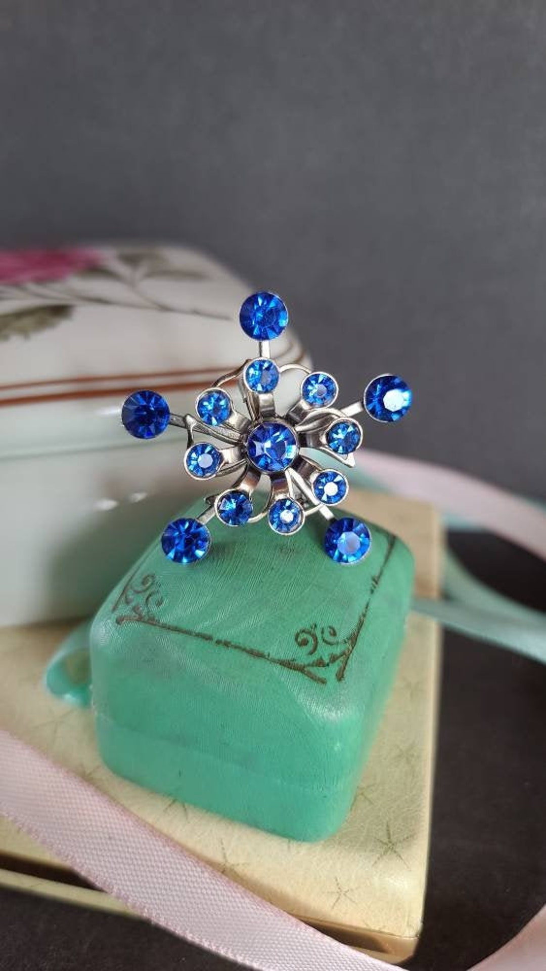 Blue Rhinestone Flower Brooch - Etsy
