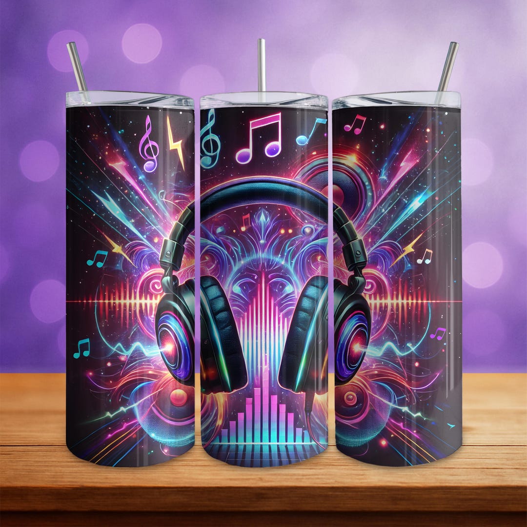 Music Headphones 20oz Skinny Tumbler Wrap Digital Download, Neon Music ...