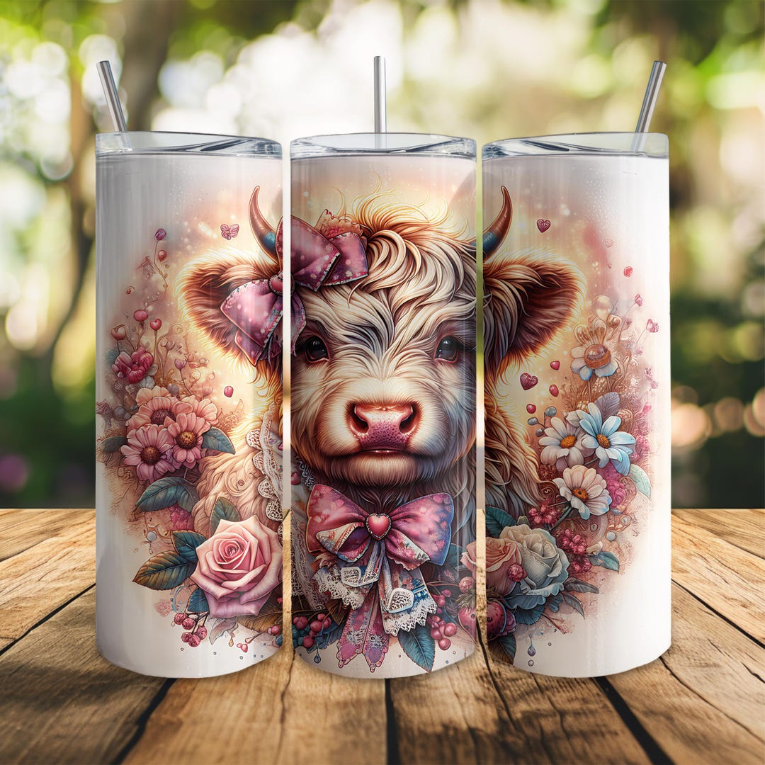 Cute Highland Cow Floral Tumbler Wrap Seamless PNG for 20oz Skinny ...