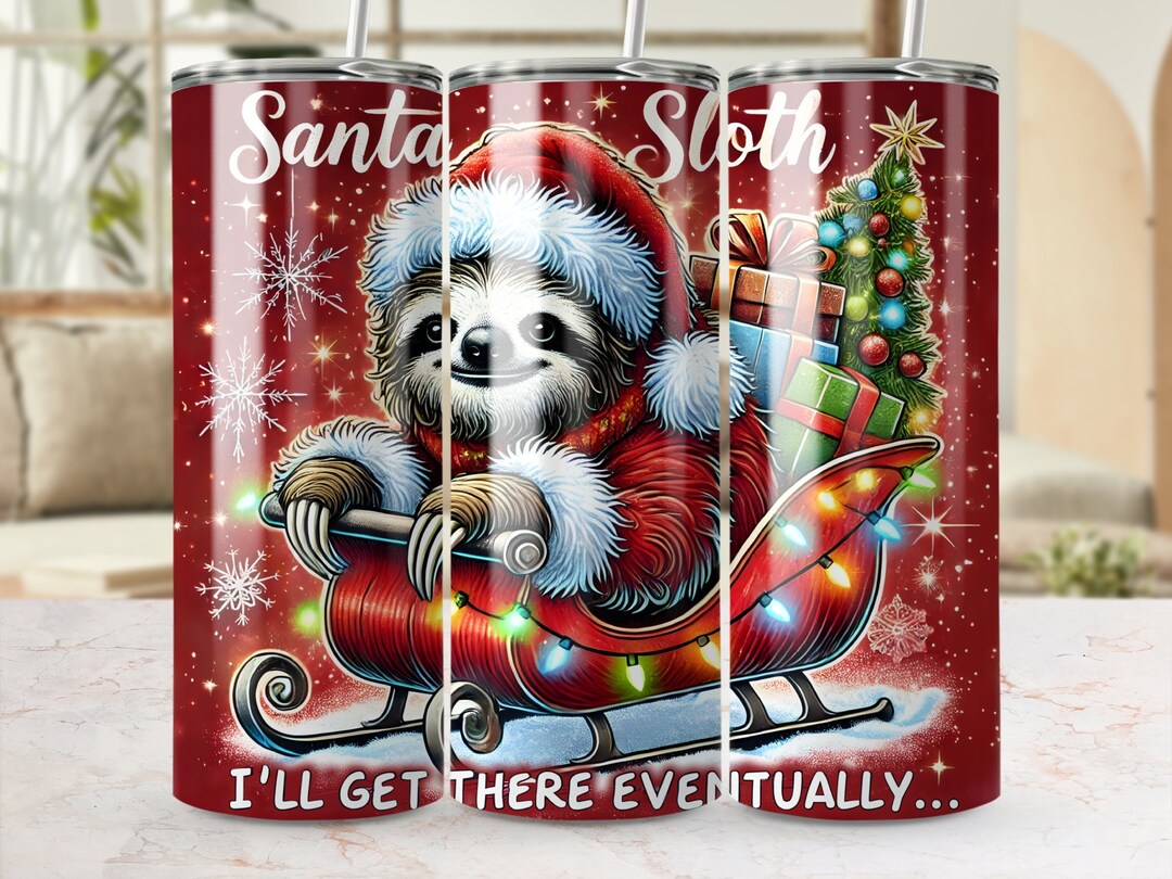 Santa Sloth Tumbler Wrap Design, Christmas PNG Download, Festive Sloth ...