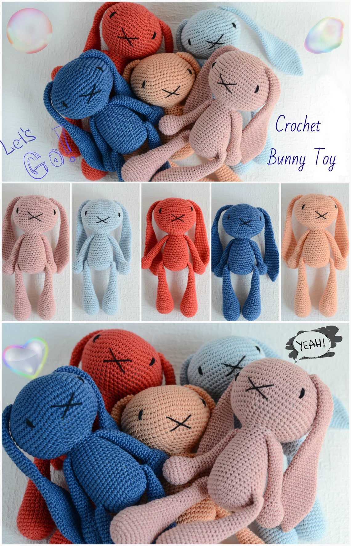 Crochet Long Ear Bunny Rabbit Toy Amigurumi Bunny Handmade - Etsy