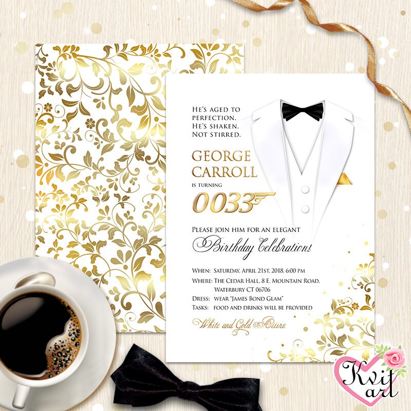 Men's Birthday Party Invitation. James Bond Themed. White Glam Luxury ...