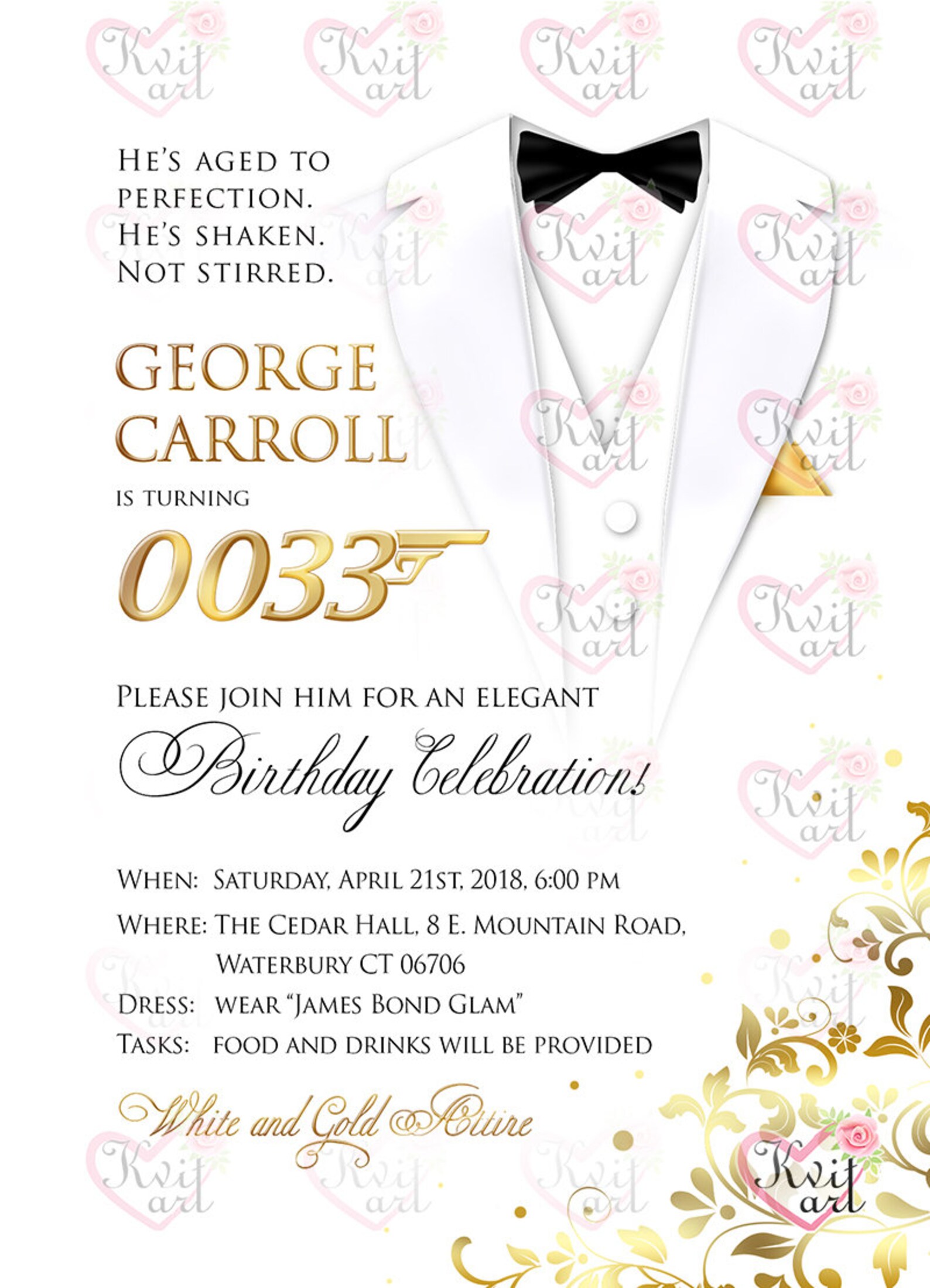 Men's Birthday Party Invitation. James Bond Themed. White - Etsy