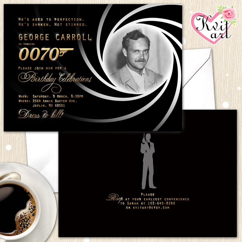 Men's Birthday Party Invitation. James Bond Themed. Swirl Photo Card ...