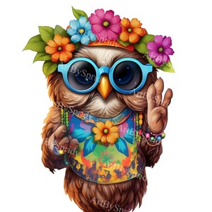 Cute Hippie Owl Bird With Flower Transparent PNG Clipart,kids/adults ...