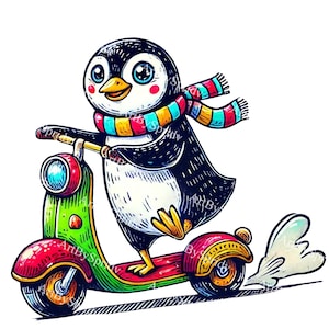 Penguin Riding a Colorful Scooter PNG Clipart, Cute Winter Animal Clip ...