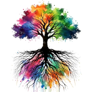 Watercolor Rainbow Tree Clipart - Abstract Colorful Tree With Roots PNG ...