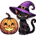 Halloween Black Cat With Witch Hat and Glowing Jack-o'-lantern PNG ...
