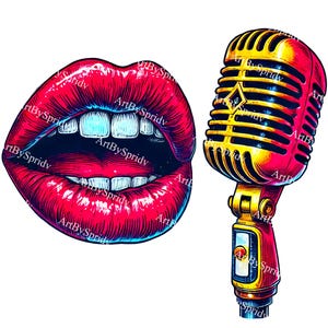 Retro Microphone & Lips Png,pop Art Singing Clipart,music Lover Digital ...