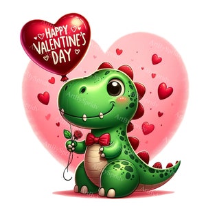 Valentine's Day T-rex Clipart - Cartoon Dinosaur With Heart Balloon ...