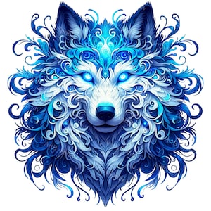 Tribal Blue Wolf Head Clipart - Digital PNG for DTG, T-shirt, Mug ...