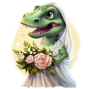 Bridal Dinosaur Clipart - T-rex in Wedding Dress Illustration, Cute ...