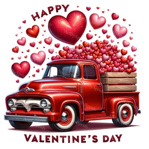 Valentine's Day Vintage Truck Clipart - Red Pickup With Hearts for DTG ...