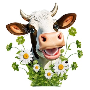 Smiling Cow With Daisies PNG Clipart, Cute Farm Animal Illustration for ...