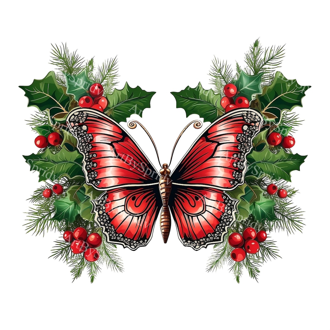 Christmas Butterfly Clipart PNG, Red Butterfly With Holly Leaves ...