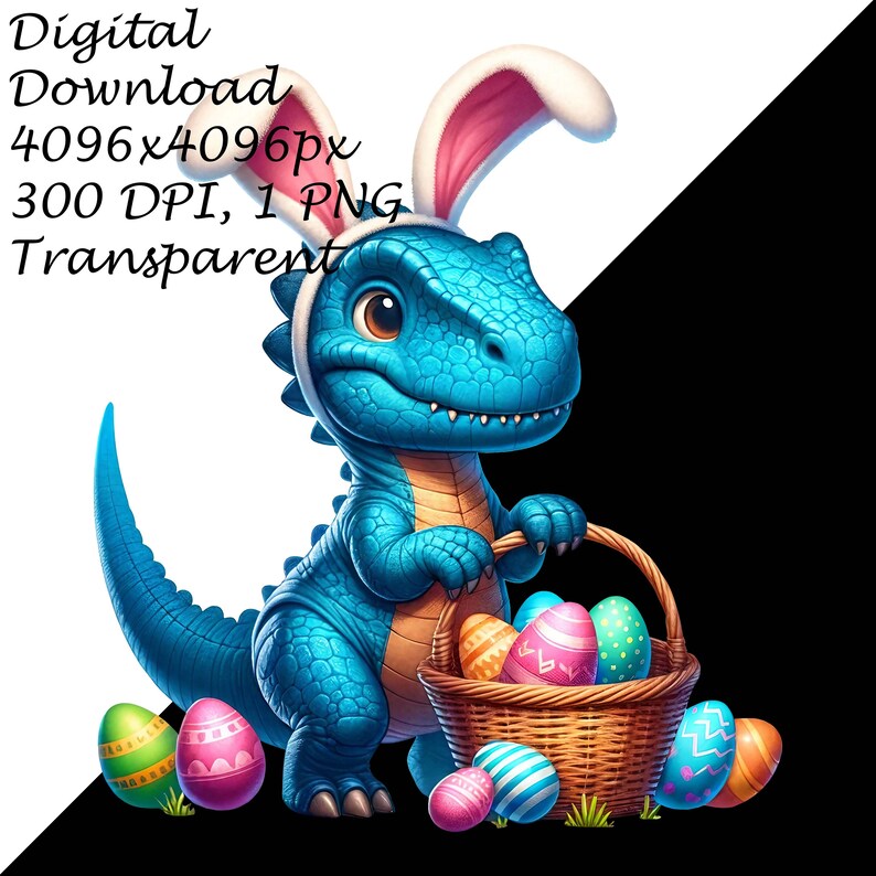 Easter T-rex Dinosaur Clipart With Bunny Ears & Basket - PNG for DTG ...