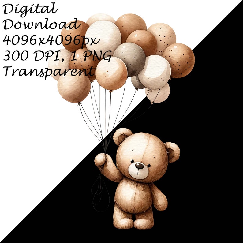 Watercolor Teddy Bear Clipart With Balloons - Digital PNG for Baby ...