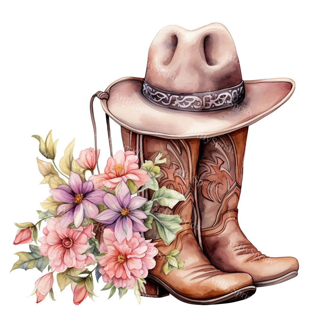 Watercolor Boho Cowgirl Boots, Hat and Flowers PNG Clipart Western ...