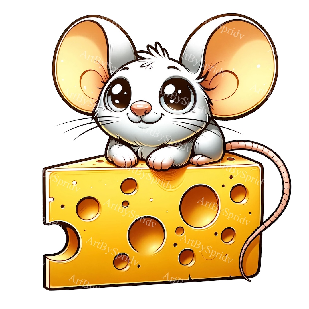 Adorable Cartoon Mouse on Cheese With Hole Digital Clipart PNG | Cute ...