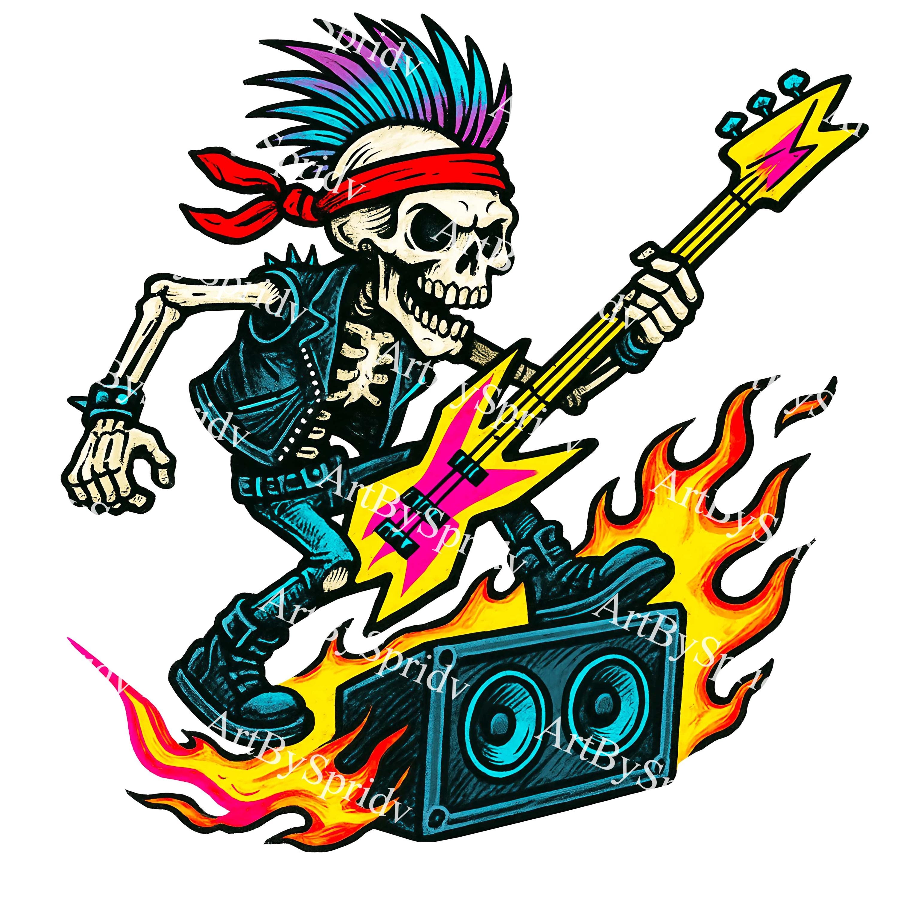 Punk Skeleton Guitarist PNG – Skull With Mohawk, Headband & Vest on ...