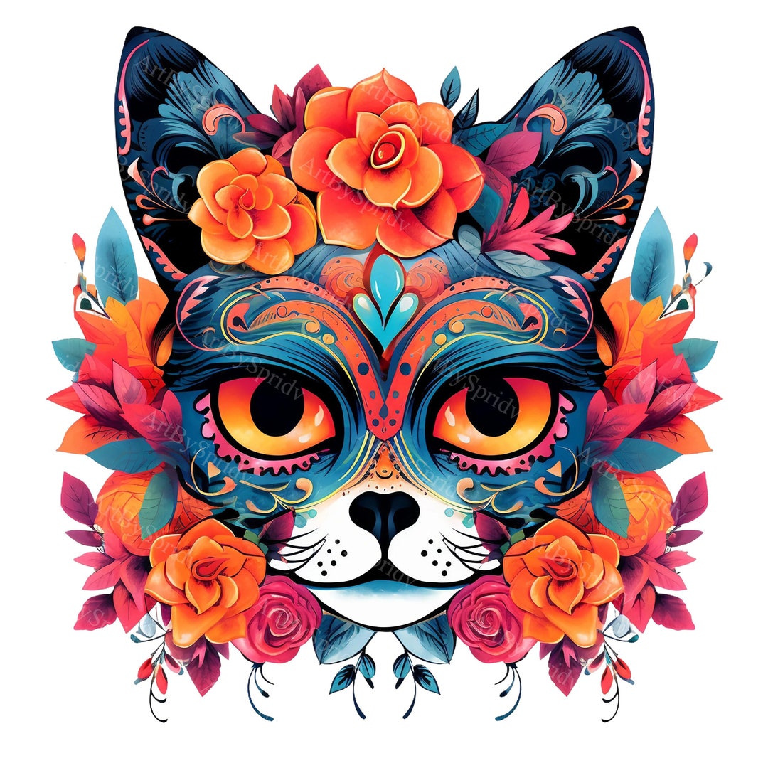 Colorful Cat Sugar Skull Clipart,dia De Los Muertos Cat Illustration ...