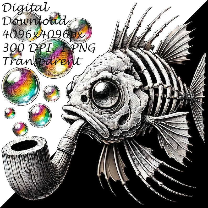 Steampunk Skeleton Fish PNG, Surreal Pipe-smoking Fish Transparent ...