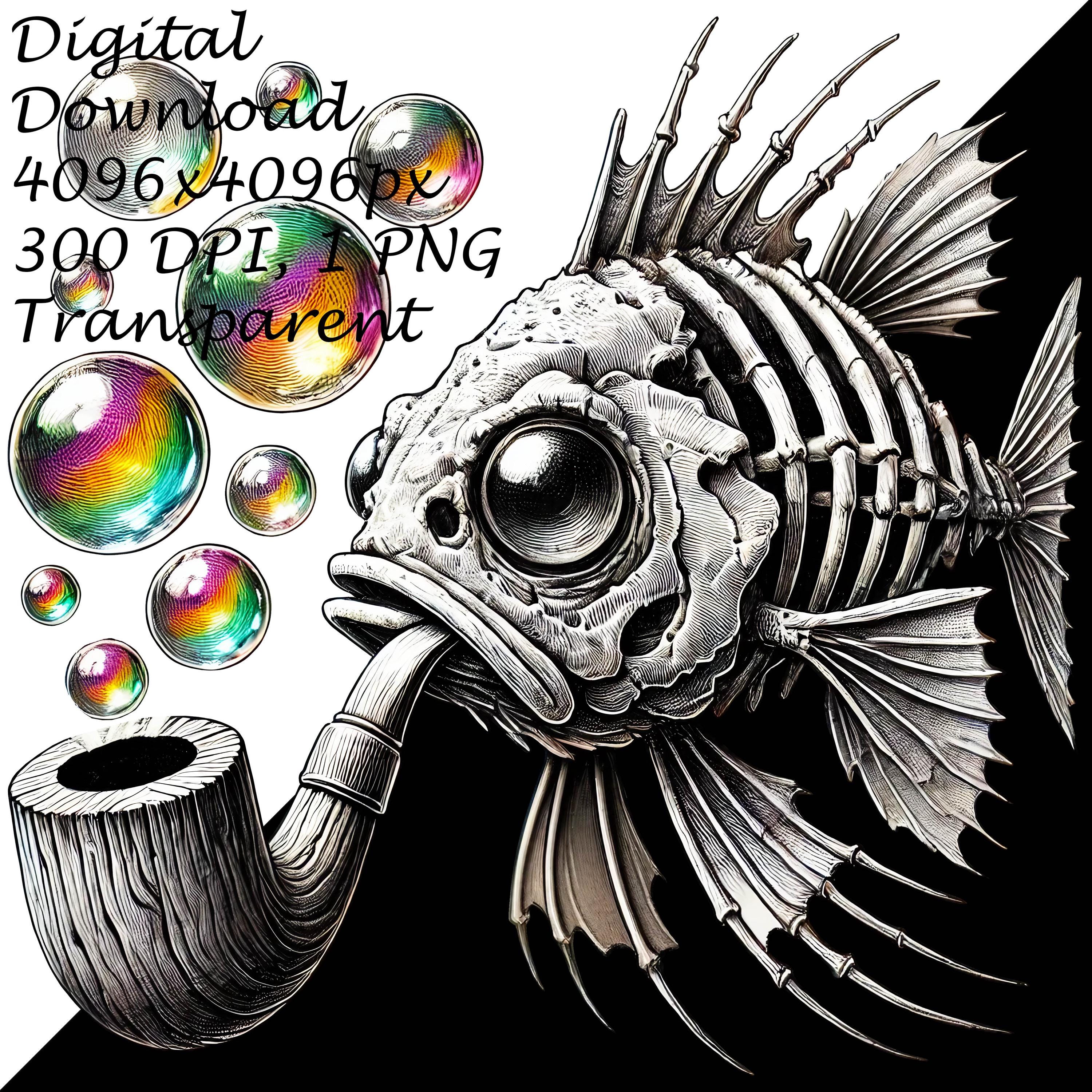 Steampunk Skeleton Fish PNG, Surreal Pipe-smoking Fish Transparent ...