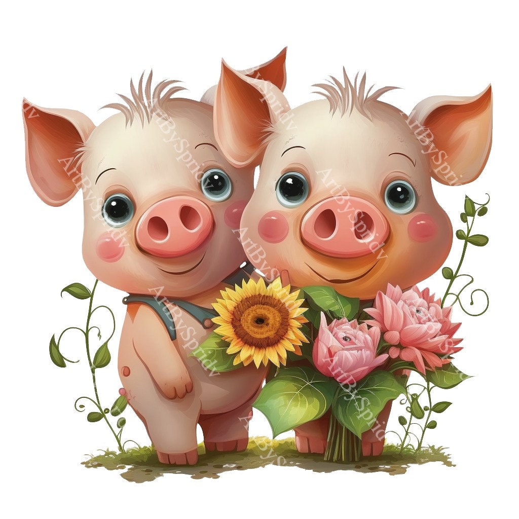 Pigs With Flowers PNG Floral Farm Animal Transparent Clipart - Etsy