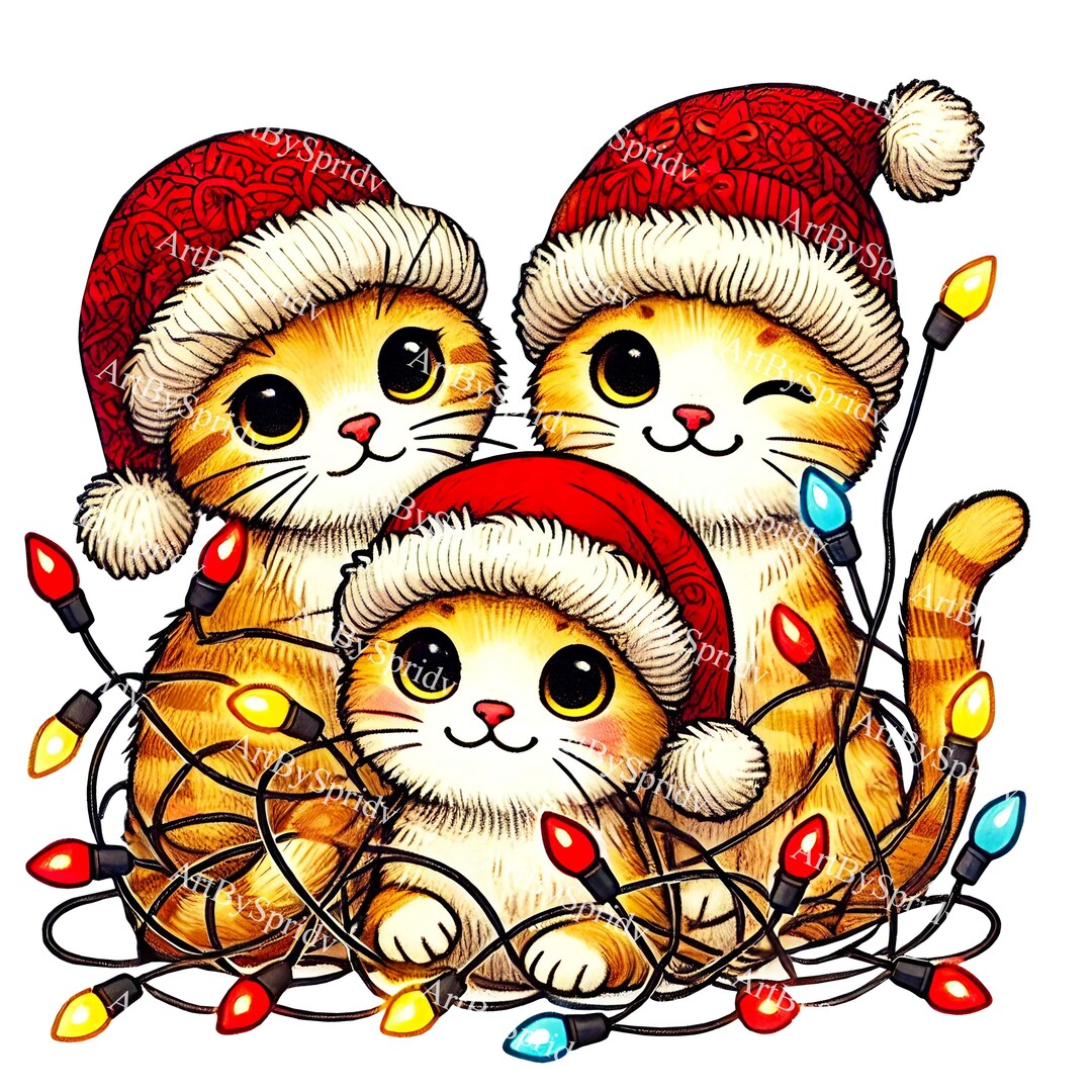 Christmas Cat Clipart | Santa Hat Kittens With Festive Lights ...