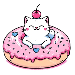 Cute Cat Clipart in Donut, Pink Frosted Digital PNG, Cherry-topped ...