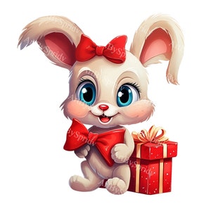 Bunny With Red Bow & Gift Transparent PNG – Cute Rabbit Clipart for ...