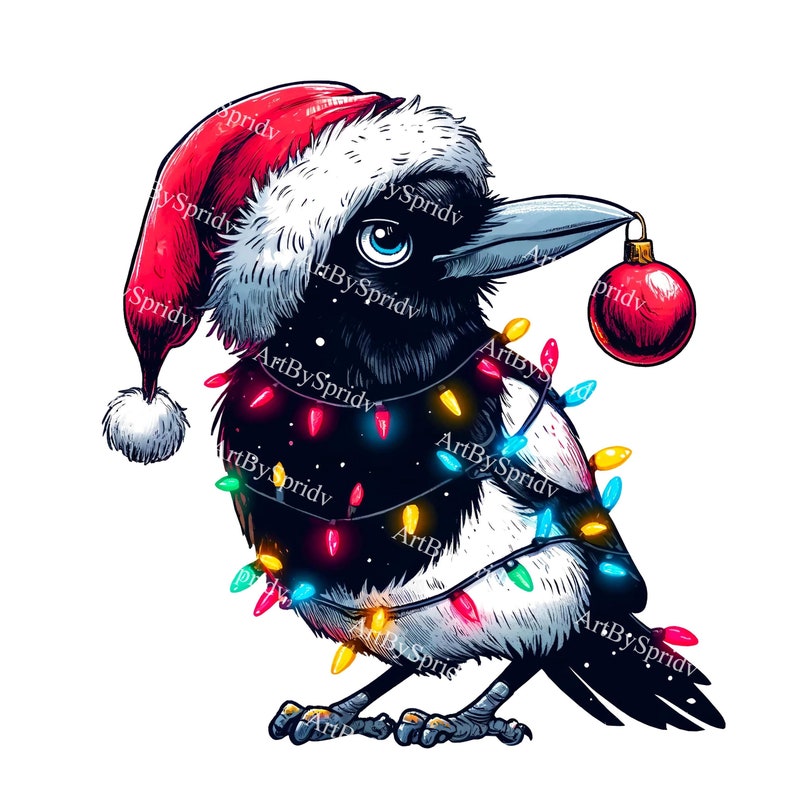 Christmas Magpie Clipart, Festive Bird With Santa Hat & Xmas Lights PNG ...