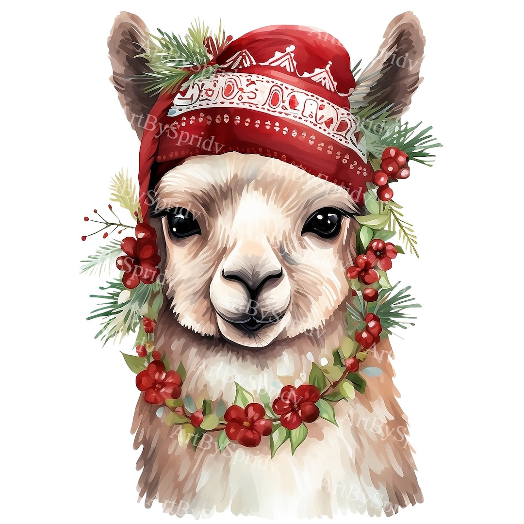 Festive Christmas Llama PNG Clipart With Santa Hat & Holiday Wreath ...