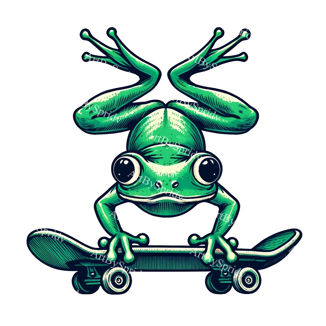 Handstand Frog on Skateboard Clipart, Quirky Skateboarding Frog Digital ...