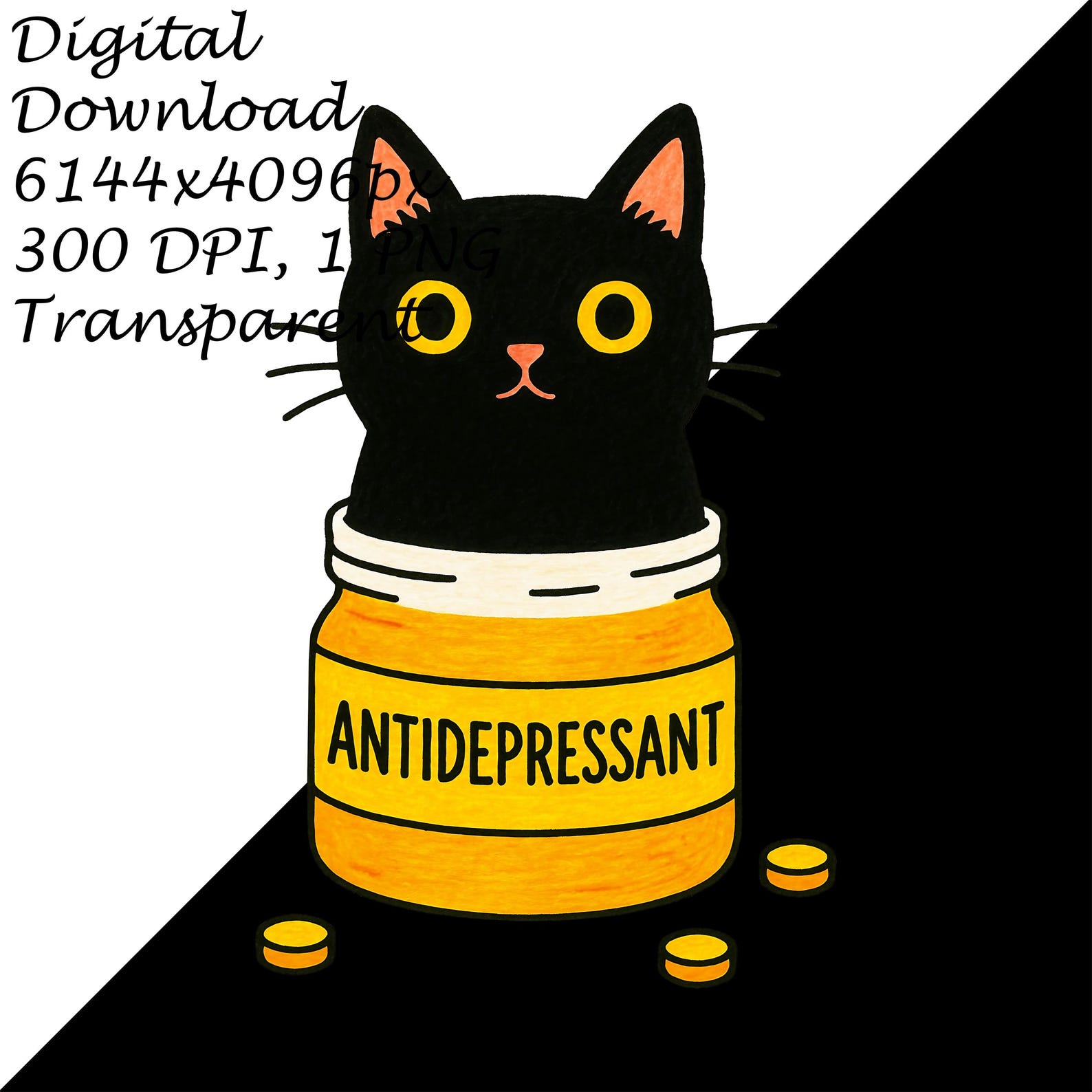 Funny Black Cat Antidepressant PNG, Cute Mental Health Clipart ...