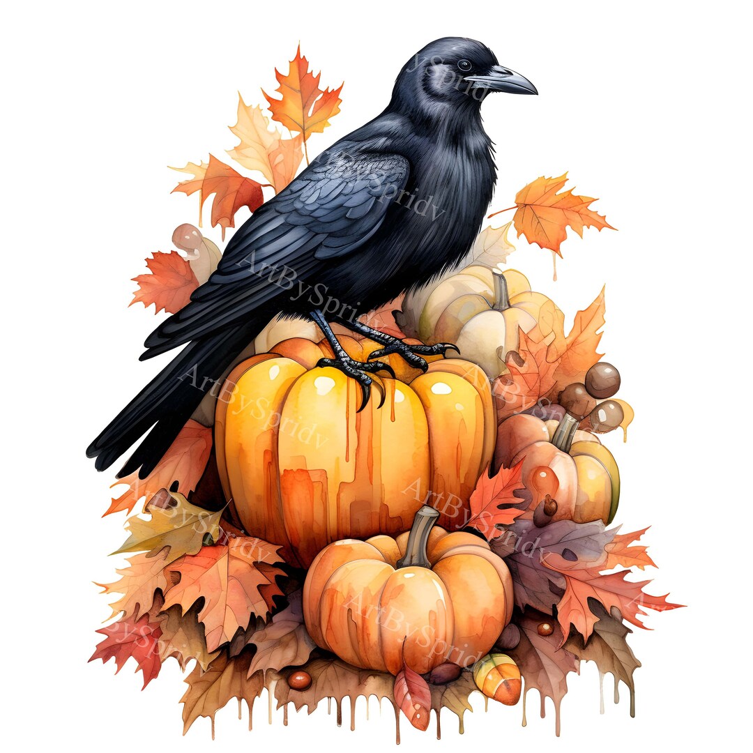 Autumn Crow and Pumpkins Clipart, Halloween Fall Harvest Digital ...