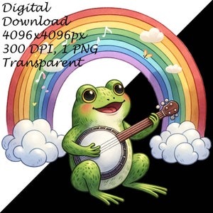 Cartoon Frog Banjo Clipart - Colorful Rainbow & Clouds PNG for DTG, T ...