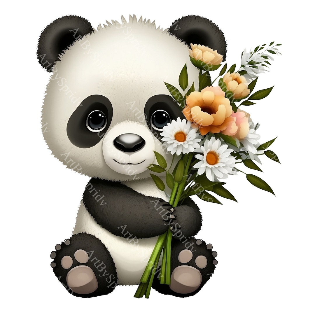 Cute Panda Bear With Flower Bouquet PNG Clipart,transparent Floral ...